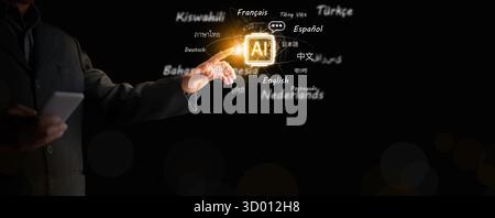 Man touching an artificial intelligence concept on a touch screen with ...