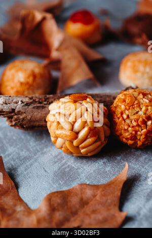Panellets, traditional Catalan dessert made of almonds, potatoes, sugar ...