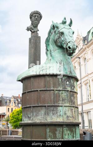Marc Aurel and horse sculpture at the Porta Nigra forecourt in Trier ...