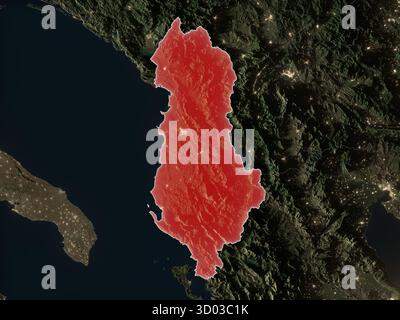 Albania highlighted in red on a realistic map with country borders ...