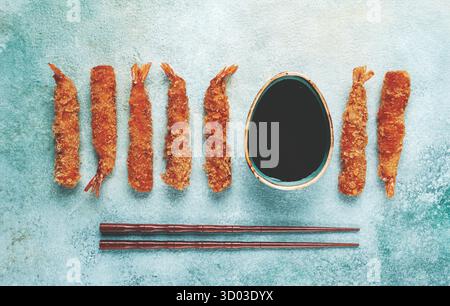Fried tiger prawns in tempura, top view, soy sauce, chopsticks Stock ...