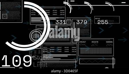 Displaying digital UI panels floating in space, with Earth, map snippet, charts and tracking ...