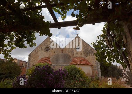Garden courtyard of the 16th century Greek Orthodox Arkadi Monastery ...