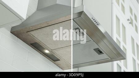 Range hood with mesh filters in kitchen. Before and after cleaning ...