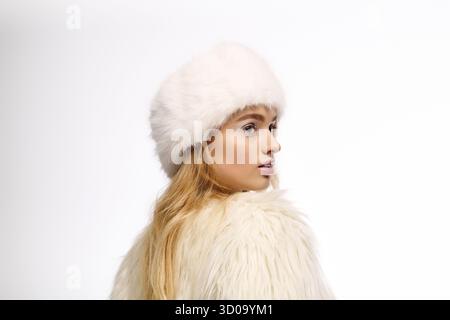 attractive woman bright makeup fluffy series fashion blue background ...