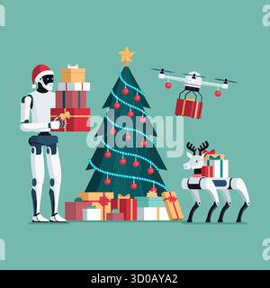 Funny happy robotic AI Santa Claus, robot reindeer and drone ...