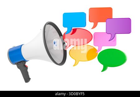 A 3D rendering of colorful speech bubbles hovering over a man's palms ...