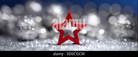 Silver and red Christmas baubles on rustic wooden background Stock ...