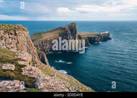 Panorama landscape view of the Neist Point Lighthouse and the Minch on ...