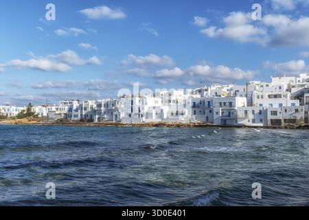Naousa Beach and surrounding white color painted houses. Famous tourist ...