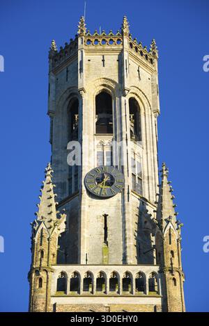 Detail of the Belfort van Bruges in the Grote Markt in the city centre ...