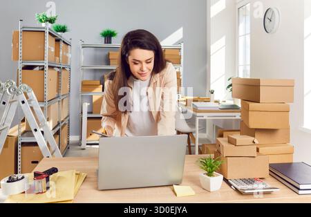 Serious Woman Conducting Warehouse Or Postal Office Parcel Inventory ...