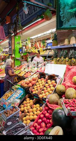 Fruit and vegetable market display at the Triana Market in Seville ...