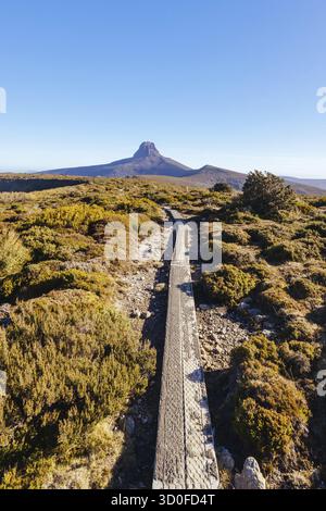 The wide landscape views at sunset of Barn Bluff and alpine heath ...