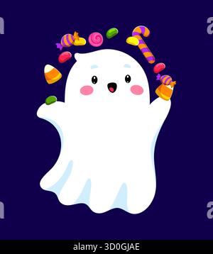 Cute Halloween ghost with a candy lollipop in his hand. Creepy cartoon ...