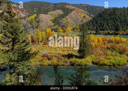 Tranquil autumn scene along Snake River, Grand Teton National Park ...