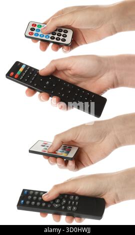 People holding different remote controls in hands on white background ...