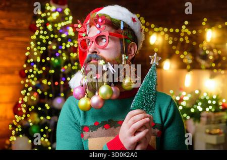 santa claus bearded man hold box wish happy new year and merry ...