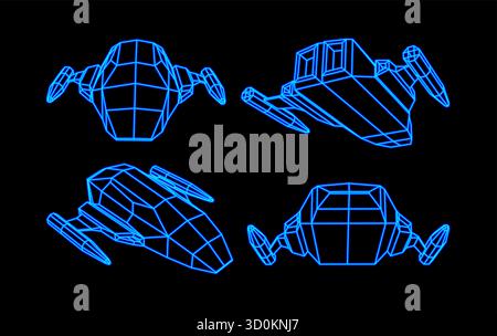Set of polygonal wireframe spaceships. 80s retro neon synthwave arcade ...