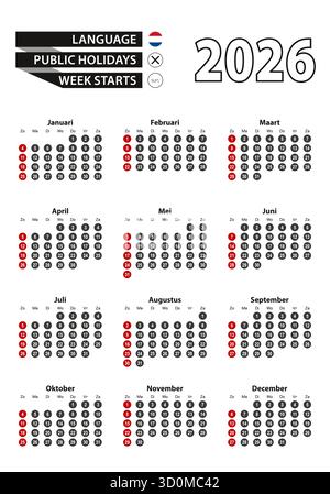 Dutch calendar for 2026. Vector illustration for Dutch. 12 months year ...