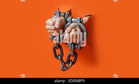 Hands in Metal Shackles. Two clenched hands in chained metal shackles ...