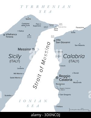 Strait of Messina, Southern Italy, political map. Narrow strait between ...