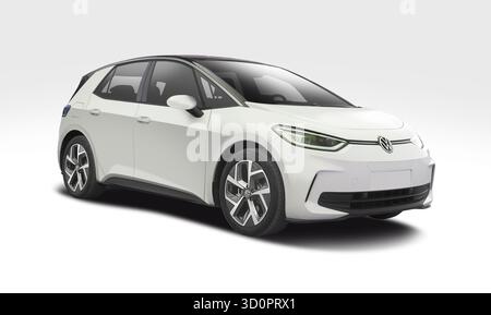 VW ID3 battery electric small family car side view isolated on white ...