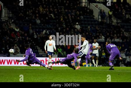 Preston North End's Lewis Dobbin scores their side's first goal of the ...