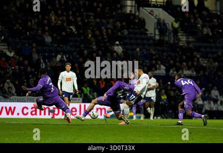 Preston North End's Lewis Dobbin scores their side's first goal of the ...