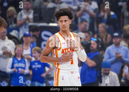 Atlanta Hawks forward Jalen Johnson (1) exits the court after an NBA ...