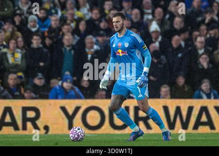 Leeds United goalkeeper Lucas Perri gives his team instructions during ...