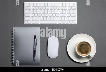 Keyboard, mouse and mat on grey table, flat lay Stock Photo - Alamy