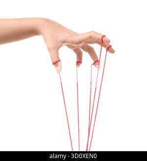 Female hand of puppeteer with red strings on white background Stock ...