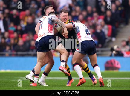 Australia's Angus Crichton (left) and England's Morgan Knowles during ...