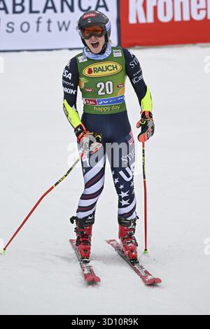 United States' Mikaela Shiffrin reacts after her run during a World Cup ...