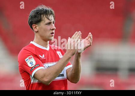 Callum Brittain of Middlesbrough applauds the Boro support at the end ...