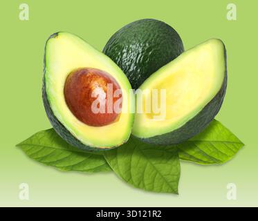 Fresh avocados on green gradient background. Whole and sliced Stock ...