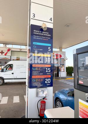 Spanish petrol station forecourt with range of fuels, gasoline, diesel ...