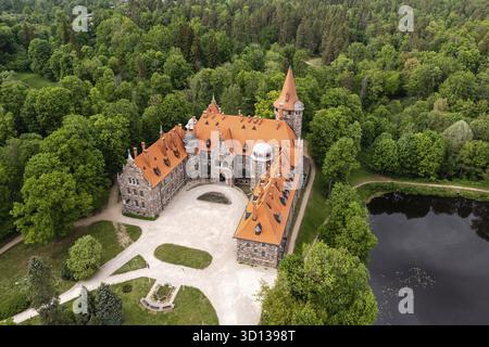 Cesvaine medieval castle in Latvia from above, top view. A manor house ...