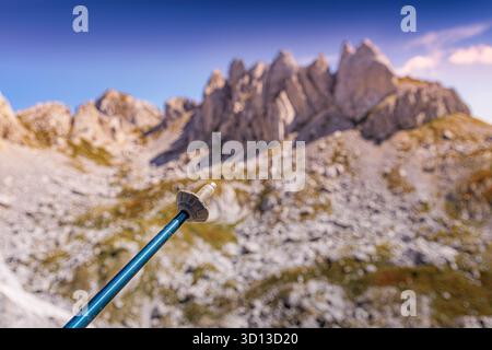Hand holding a trekking pole pointing toward a mountain peak in a ...