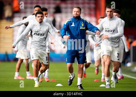 Nikola Milenković of Nottingham Forest warming up prior to the Fulham v ...