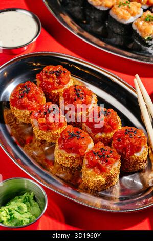 Delicious salmon tartar on light background, closeup Stock Photo - Alamy