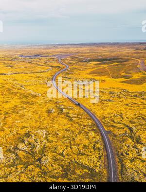 Aerial view of the vibrant, moss-covered mountain piercing through the stark, volcanic plains ...