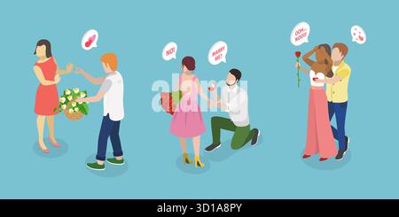 3D Isometric Flat Illustration of Marriage Proposal Rejection, Wedding ...