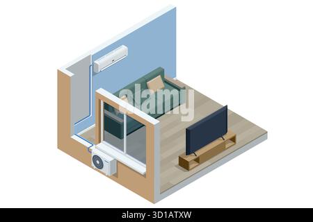 Isometric living room interior with split air conditioner and outdoor ...