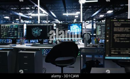 AI development workstations in data center with green screen monitors ...