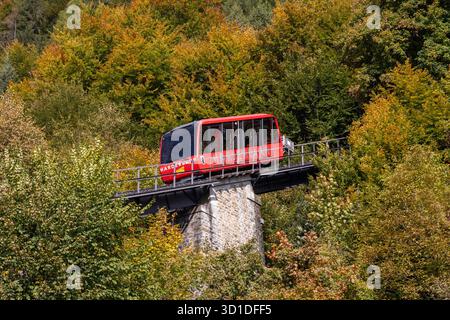 The historic Harderbahn funicular ascending the mountain above ...