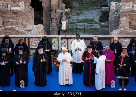 Pope Leo XIV attends a meeting in front of Pavia's Cathedral, northern ...
