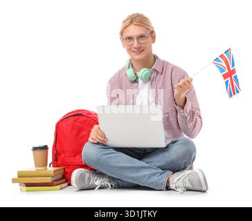 Male student with UK flag and laptop sitting on white background Stock ...
