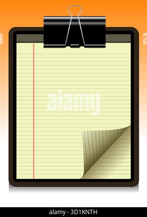 Yellow notepad with curled corner showing blank lines on pink ...